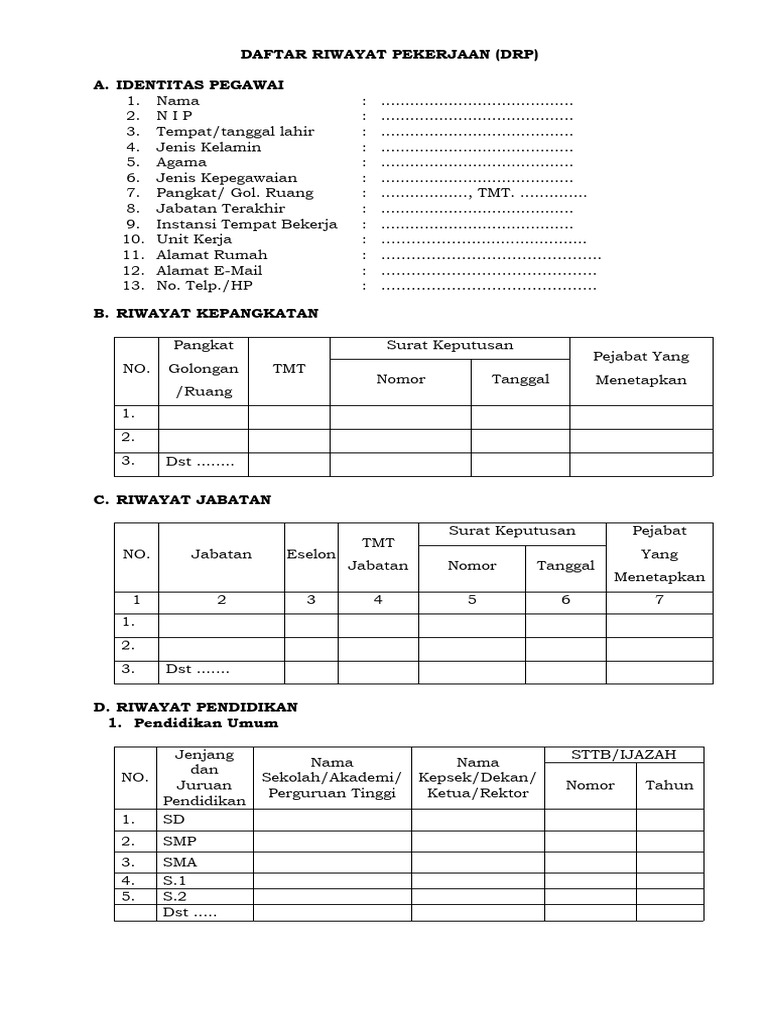 Selterjptp 2019 6. Form Daftar Riwayat Pekerjaan DRP | PDF