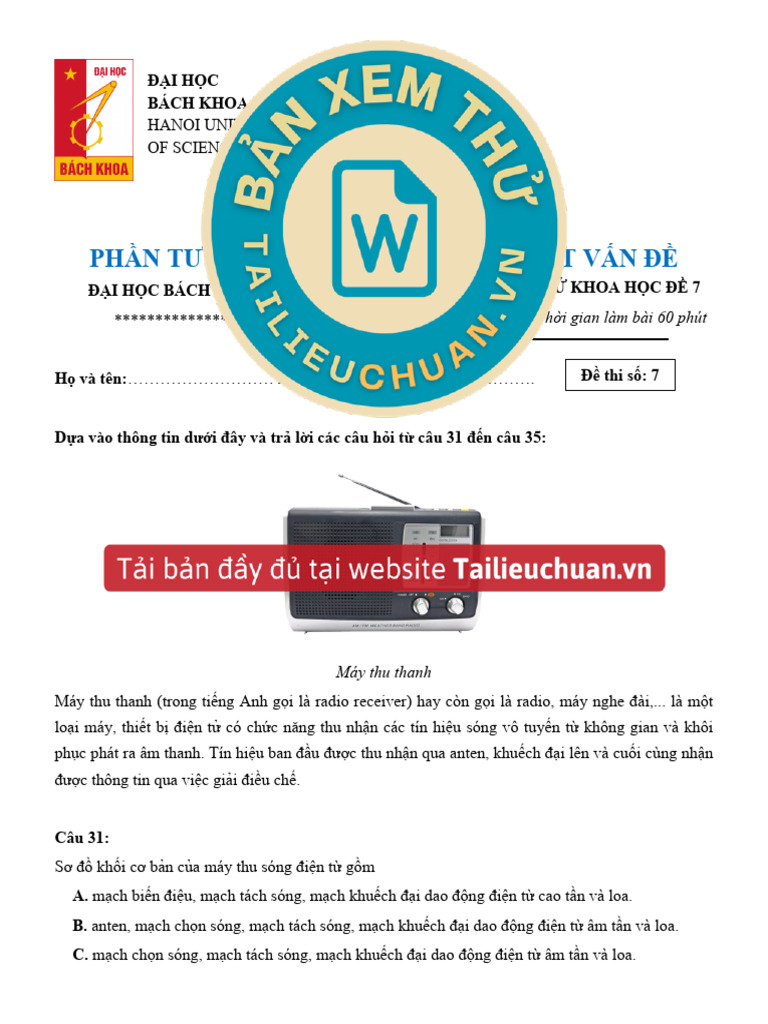 Đề 7 - Luyện Thi ĐGTD ĐHBK HN 2024 - Vật Lý (Có Giải) .Image.marked | PDF