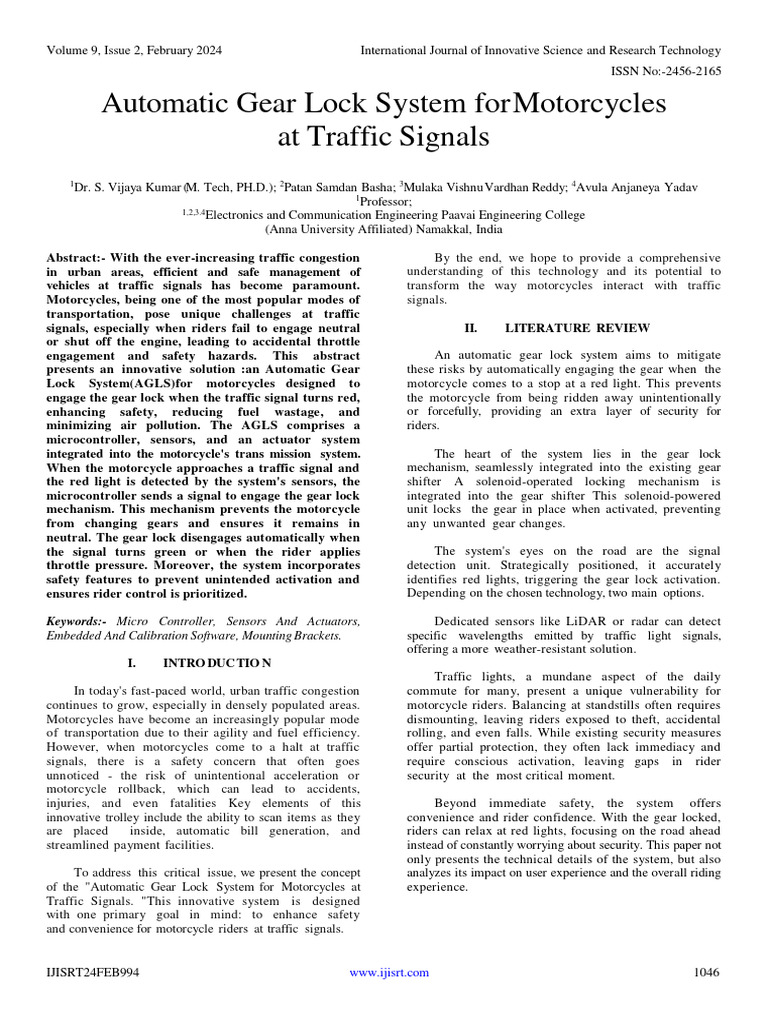 Automatic Gear Lock System Formotorcycles at Traffic Signals | PDF ...