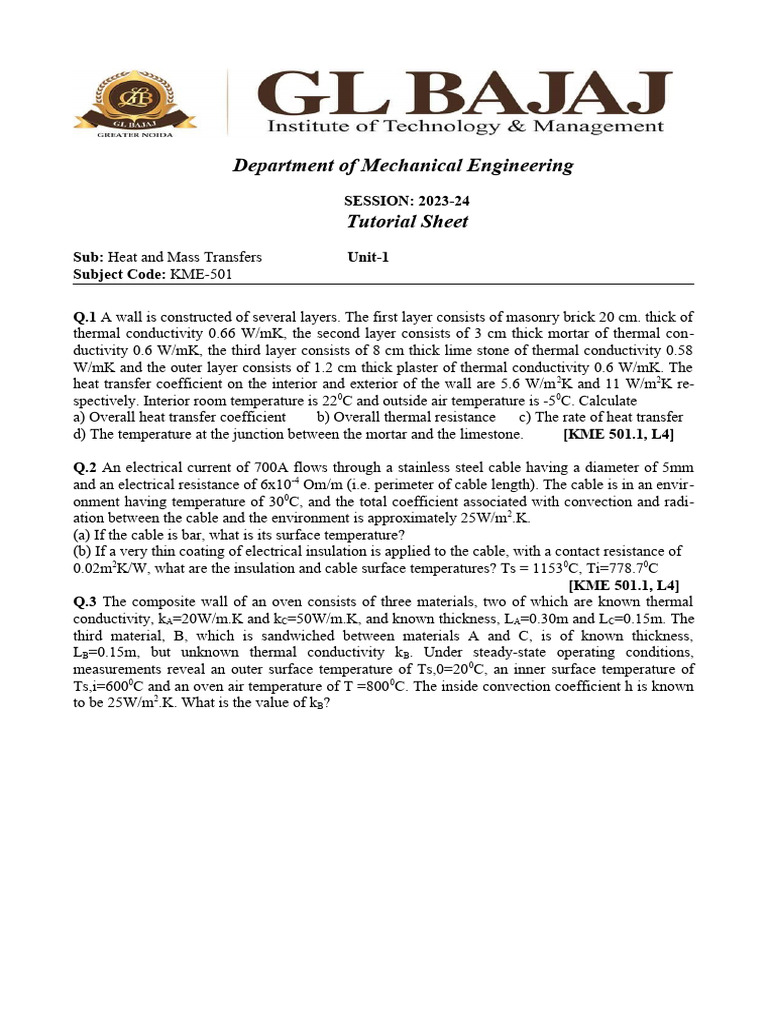 Tutorial Sheet | PDF | Boundary Layer | Heat Transfer