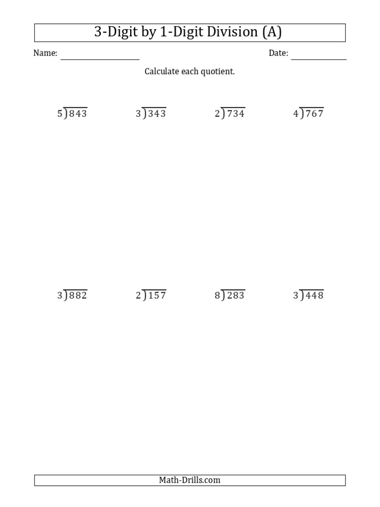 Division Worksheet - 3-Digit by 1-Digit Long Division With Remainders ...