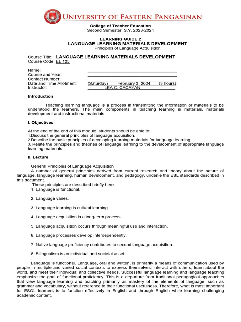 LEARNING GUIDE 2 Principles of Language Acquisition | Download Free PDF | Language Acquisition ...