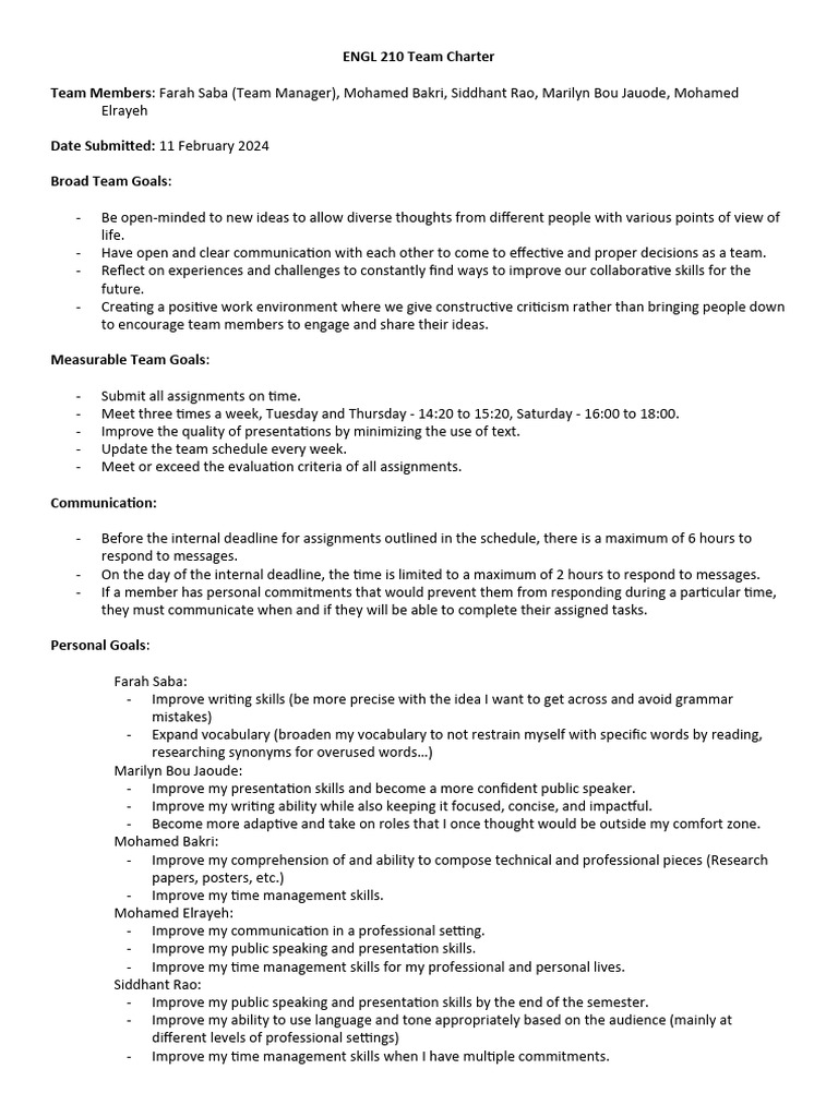 Team 3 Final Draft Charter | PDF | Cognition | Communication