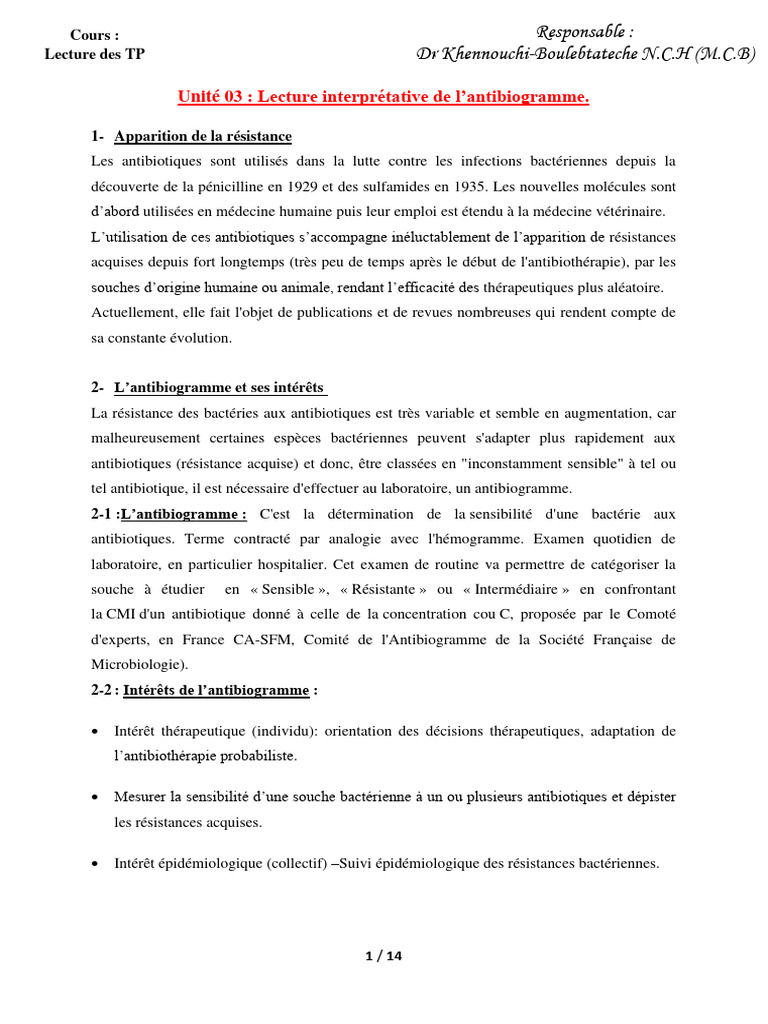 Lecture et Interprétation de l'Antibiogramme | PDF | Résistance aux ...