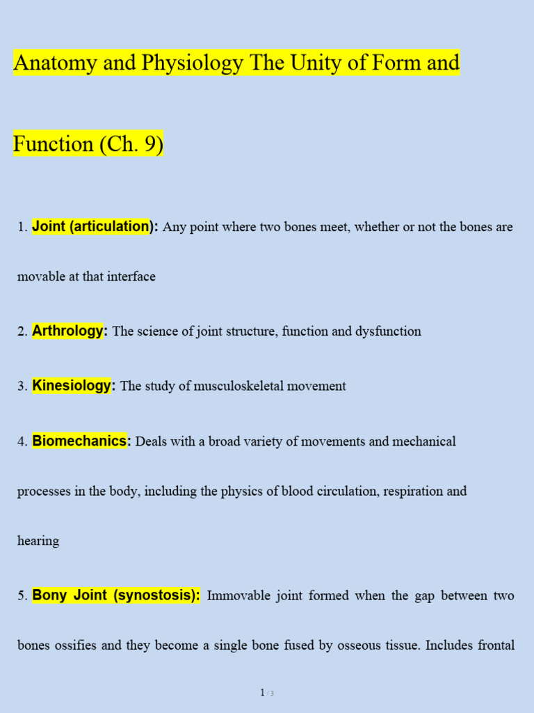 Anatomy and Physiology The Unity of Form and Function (Ch. 9) | PDF ...