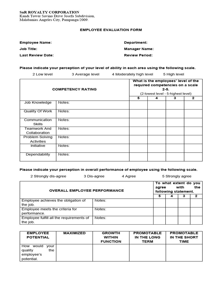 Employee's Evaluation Forms | PDF