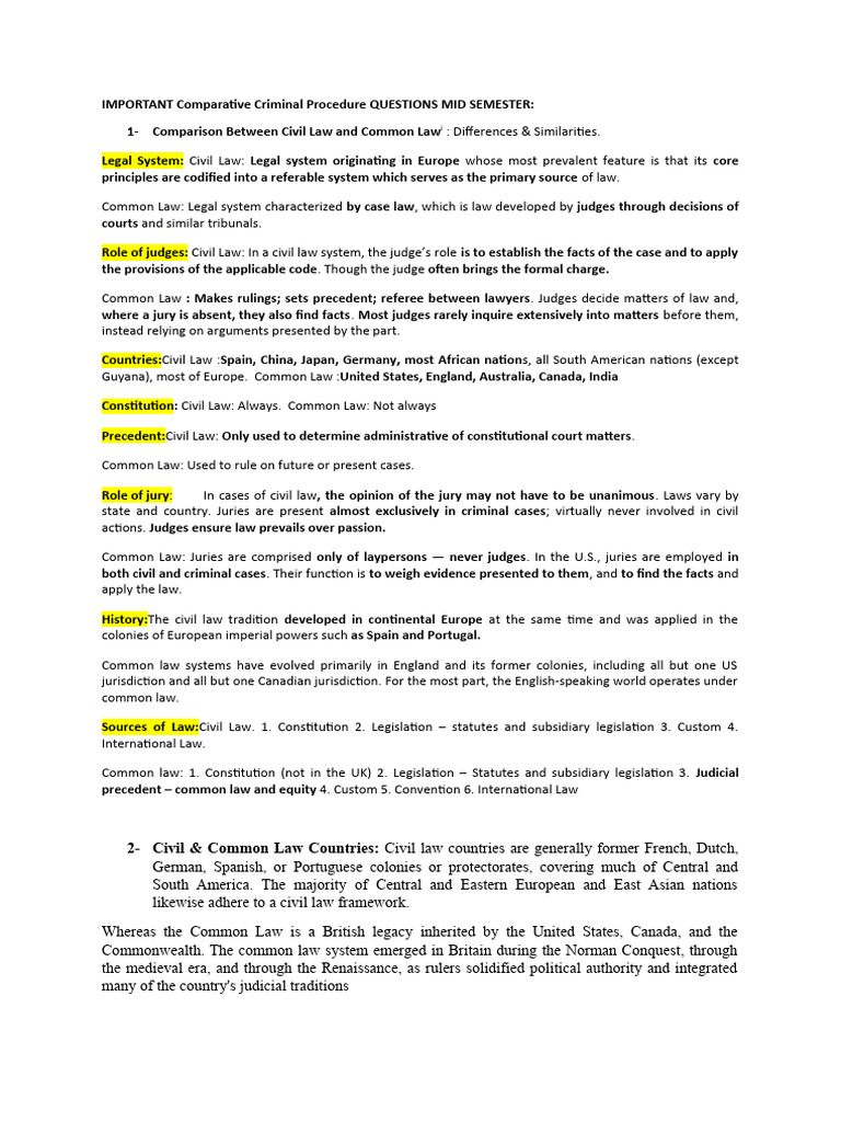 IMPORTANT Comparative Criminal Procedure QUESTIONS MID SEMESTER | PDF ...