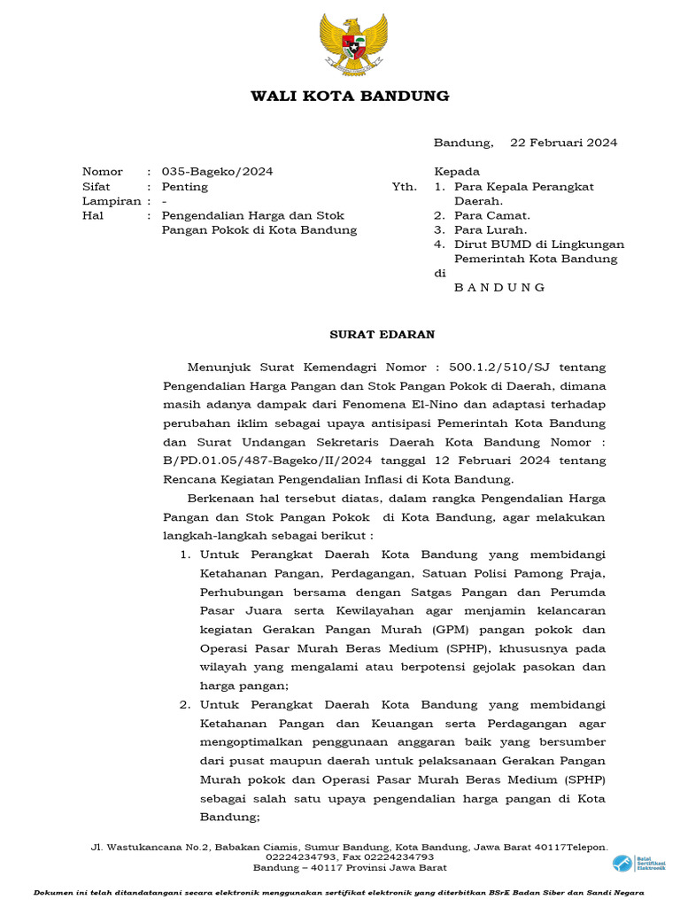 SURAT EDARAN Pengendalian Harga Dan Stok Pangan Di Kota Bandung 2024 | PDF