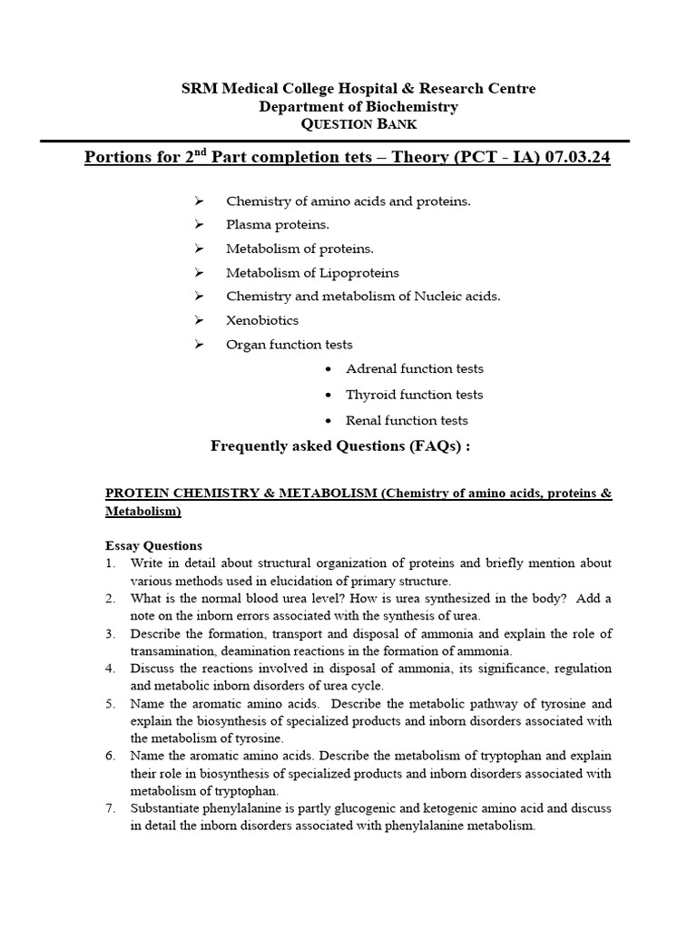 FAQ For 2nd PCT - Theory - March 2024 | PDF | Metabolism | Amino Acid