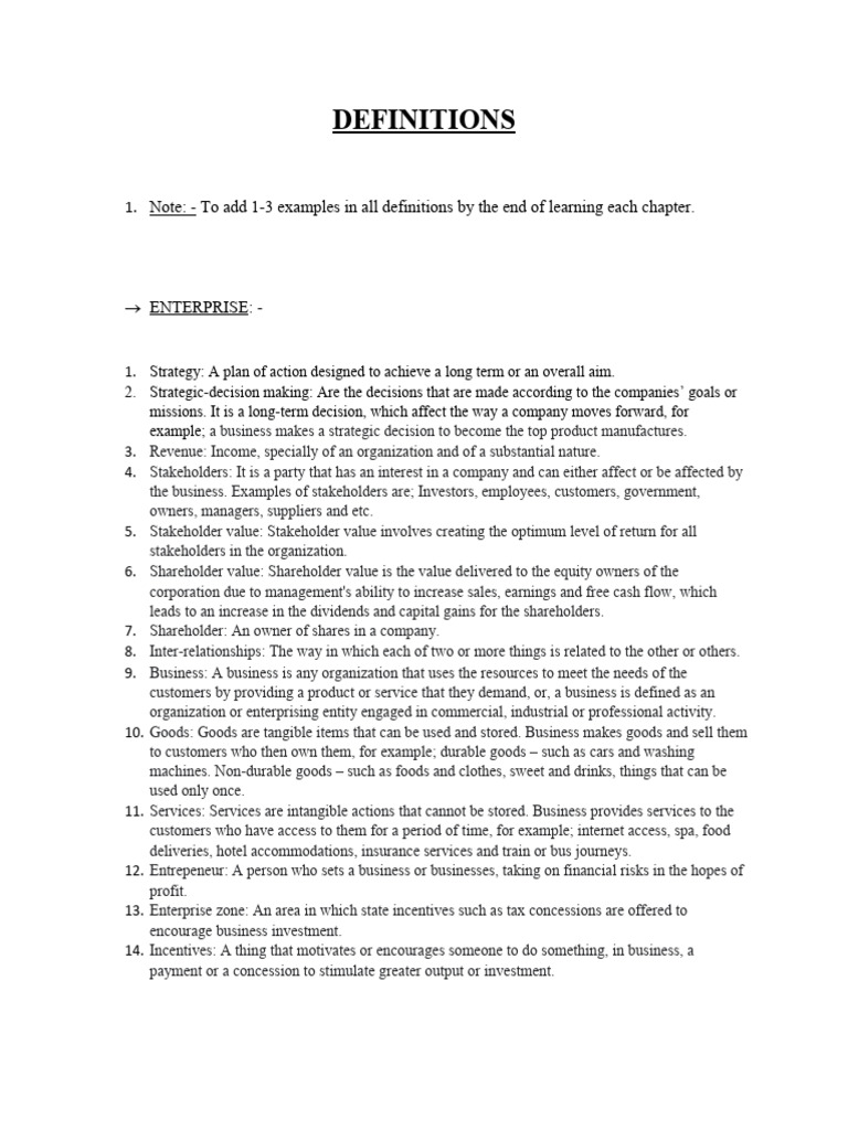 A Level Business Definitions Guide | PDF | Business | Working Capital