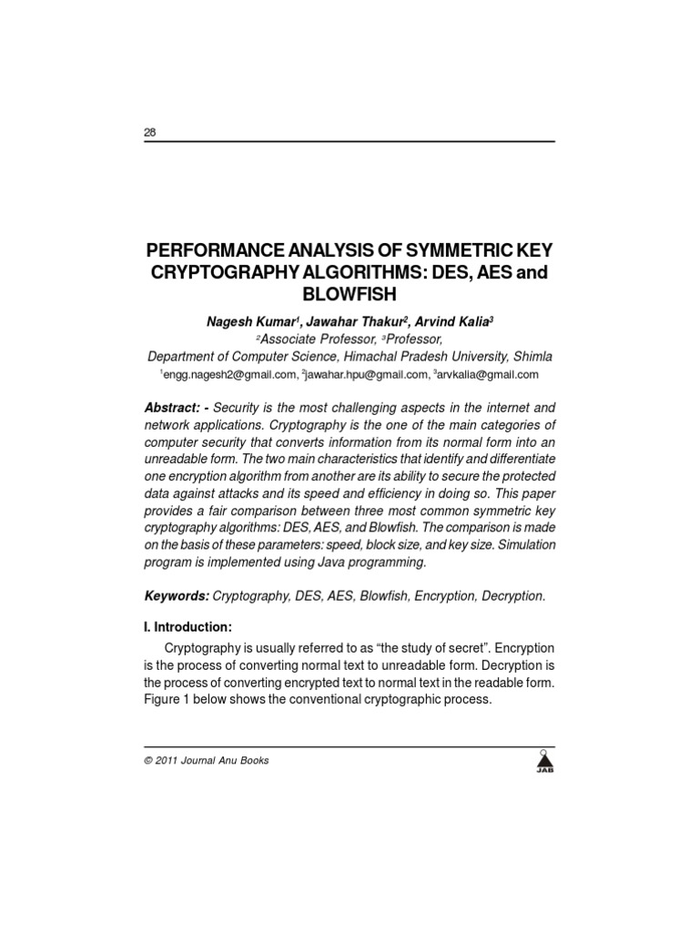 PERFORMANCE ANALYSIS OF SYMMETRIC KEY CRYPTOGRAPHY ALGORITHMS: DES, AES and BLOWFISH | PDF ...