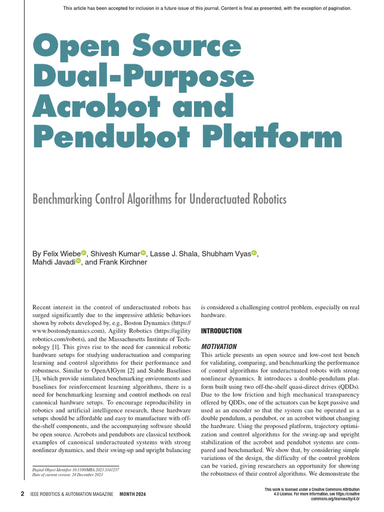 Open Source Dual-Purpose Acrobot and Pendubot Platform Benchmarking Control Algorithms For ...