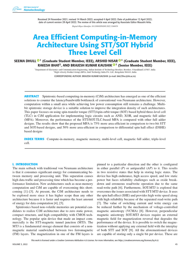 Area Efficient Computing-in-Memory Architecture Using STT SOT Hybrid Three Level Cell | PDF ...