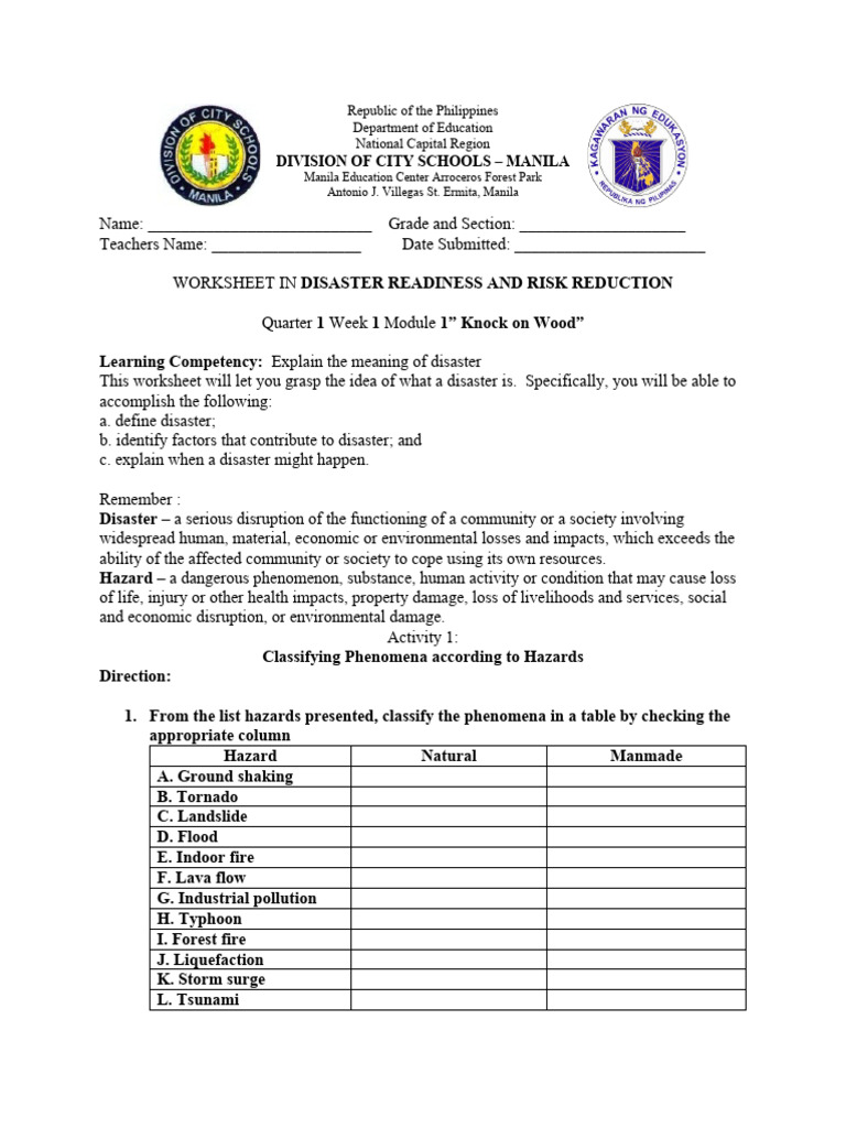 Disaster Readiness Worksheet Guide | PDF | Natural Disasters | Hazards