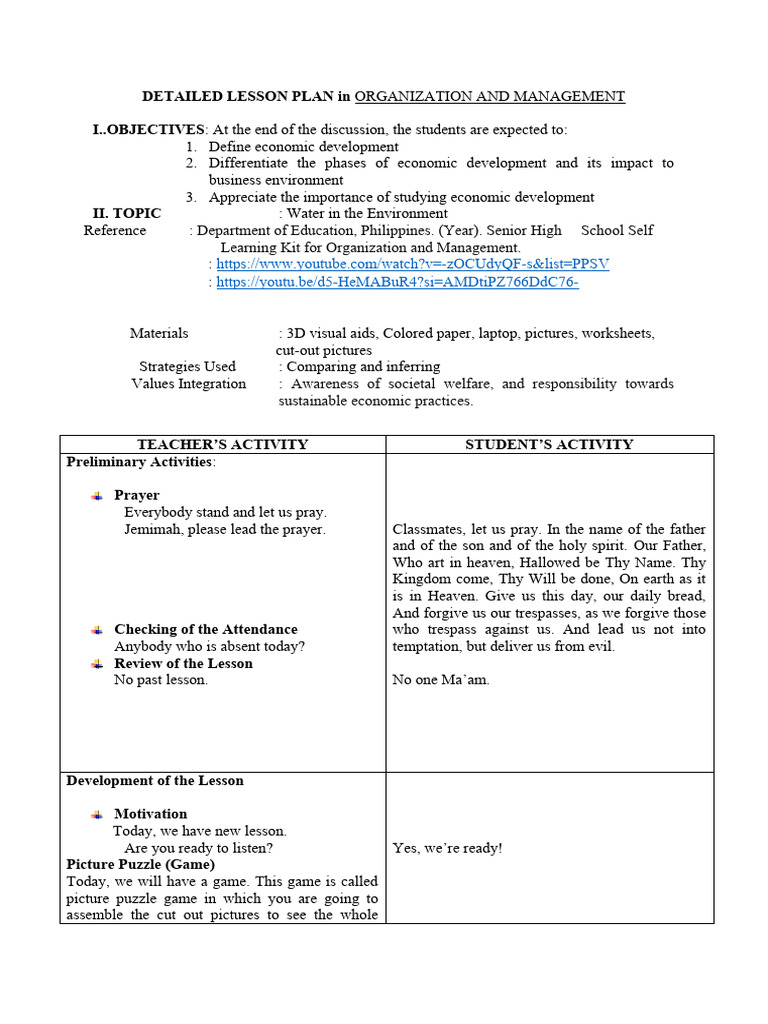 LESSON-PLAN-Organization and Management Week 5 | PDF