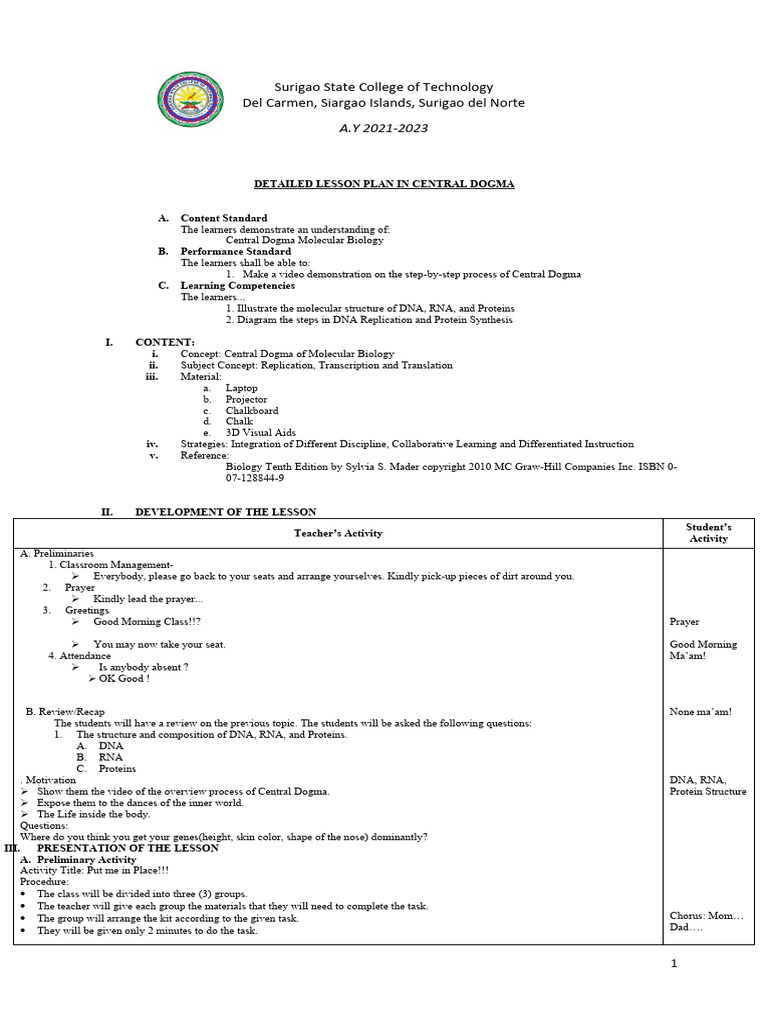Lesson Plan Mscie 3 | PDF | Rna | Translation (Biology)