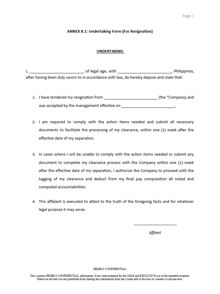 Undertaking Form Template (Resignation) | PDF | Affidavit | Justice