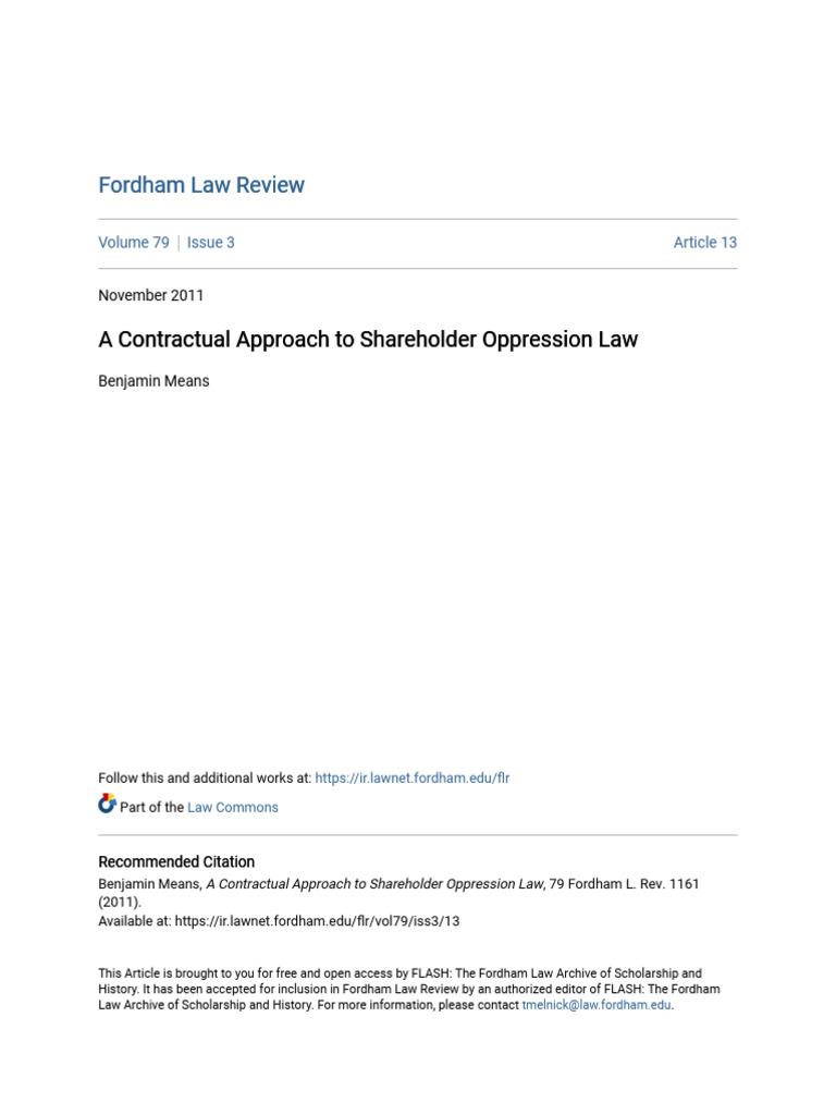 A Contractual Approach To Shareholder Oppression Law | PDF ...