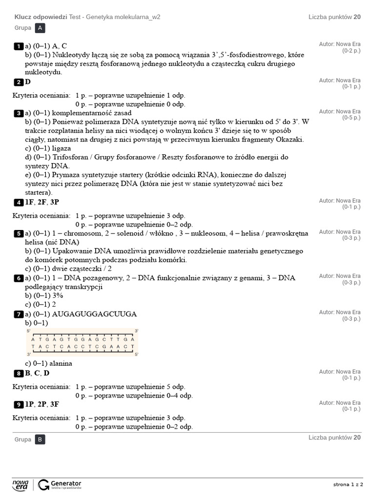 Test - Genetyka Molekularna w2 Klucz Odpowiedzi | PDF