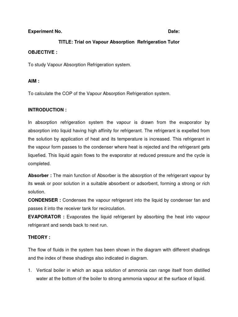 Final Yr - RAC Lab - Vapour Absorption Refrigeration | PDF | Heat Exchanger | Refrigeration