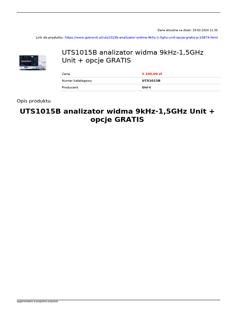 Uts1015b Analizator Widma 9khz 1 5ghz Unit Opcje Gratis | PDF
