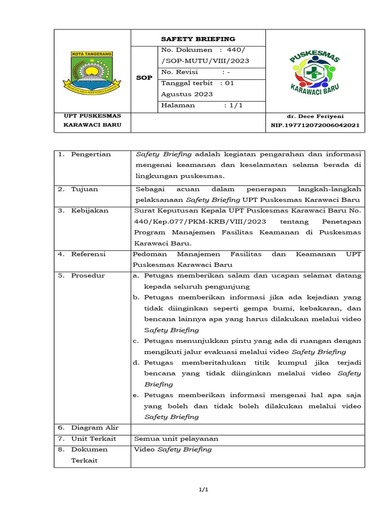 Prosedur Safety Briefing Puskesmas | PDF | Teknologi & Rekayasa