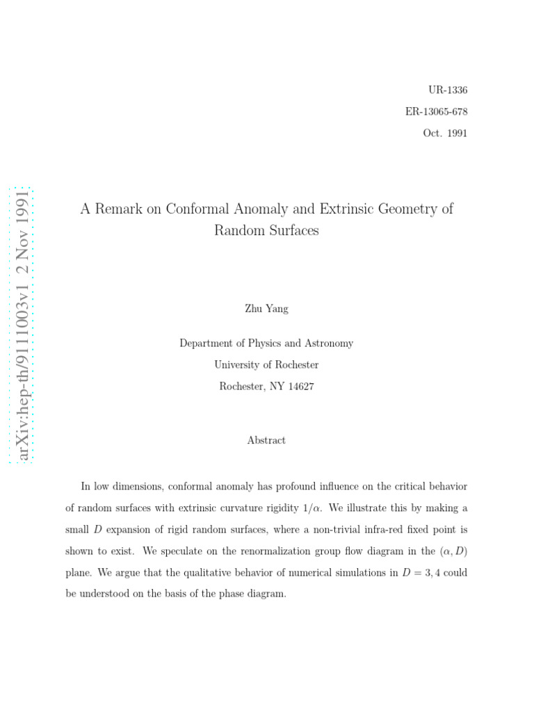 A Remark On Conformal Anomaly and Extrinsic Geometry of Random Surfaces | PDF | Theoretical ...