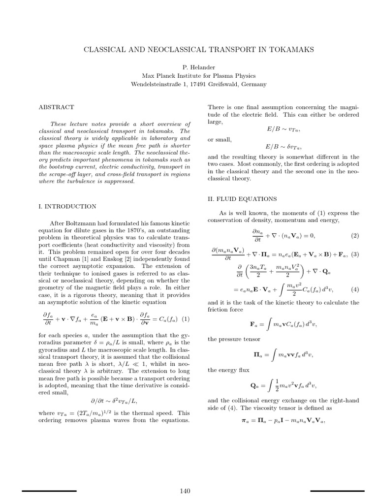 Classical - and - Neoclassical - Transport - in Tokamak - Plasma | PDF | Flux | Plasma (Physics)