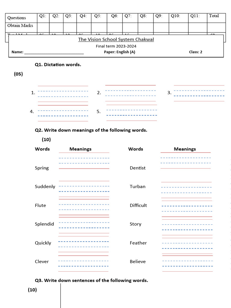 Class 2 English A Final Term. | PDF