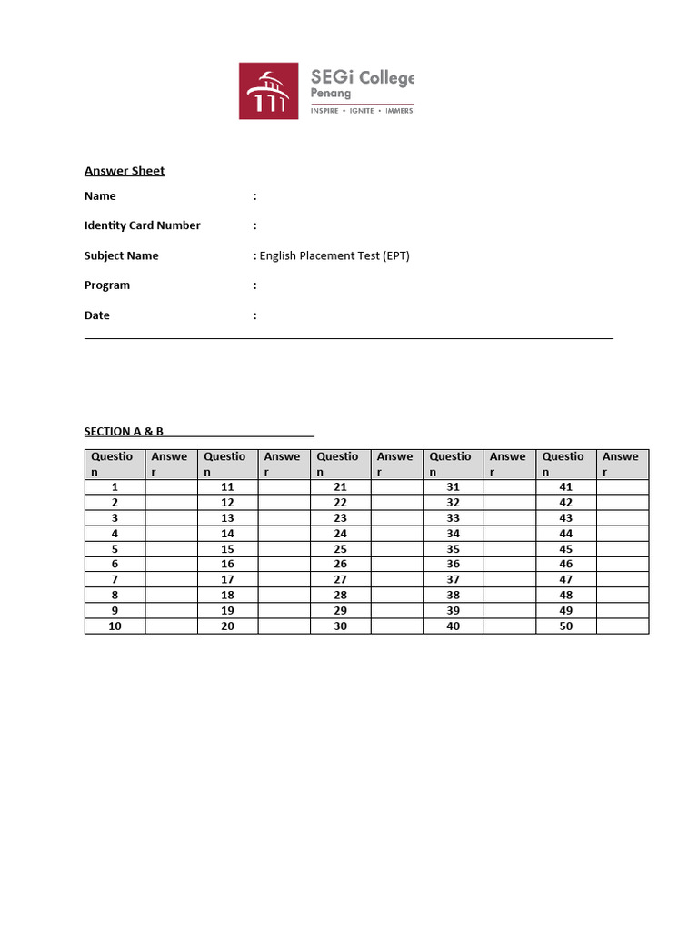 EPT Answer Sheet | PDF