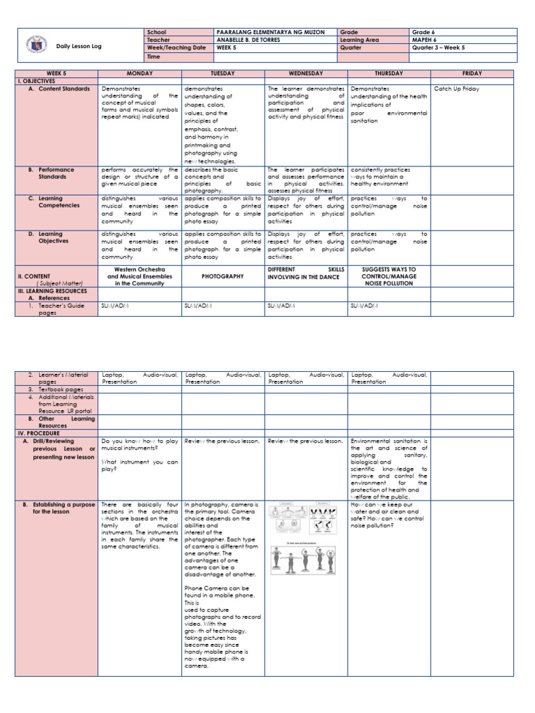 DLL Mapeh Q3 W5 | PDF | String Instruments | Woodwind Instruments