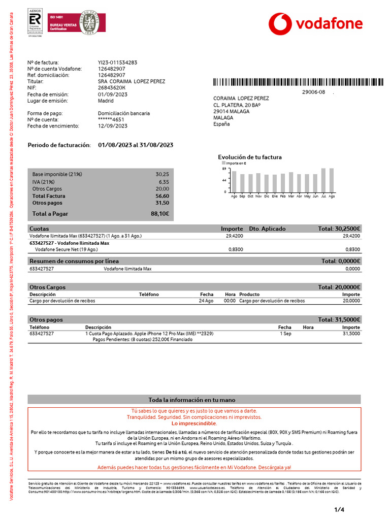 Factura Vodafone: Detalles y Consumos | PDF | Itinerancia | Teléfonos móviles