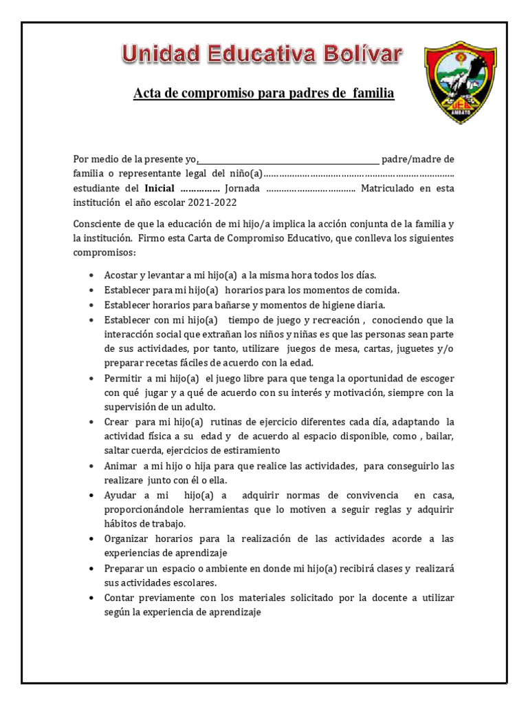 Acta de Compromiso para Padres de Familia 2020-2021 | Descargar gratis PDF | Aprendizaje