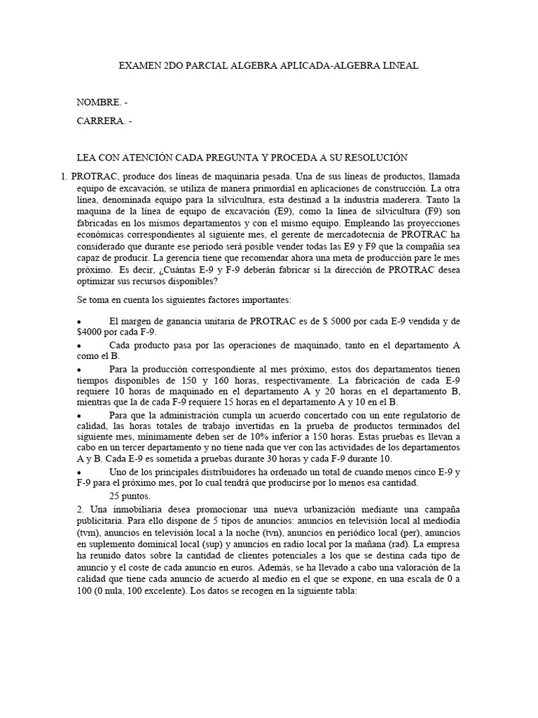 Examen 2do Parcial Algebra Aplicada | Descargar gratis PDF | Publicidad | Economias