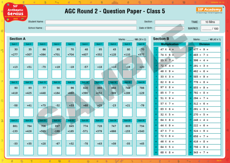 Class 5 Math Contest Sample | PDF | Mathematics | Arithmetic
