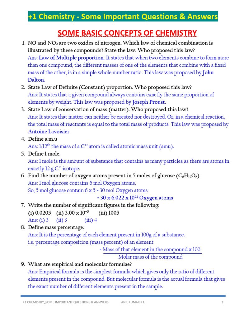 +1 Chemistry - Some Important Questions & Answers | PDF