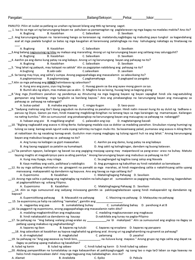 QUARTER-1-FILIPINO-8-review Exam | PDF