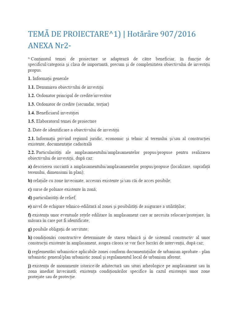 TEMĂ DE PROIECTARE - Anexa 2 HG 907 - 2016 | PDF