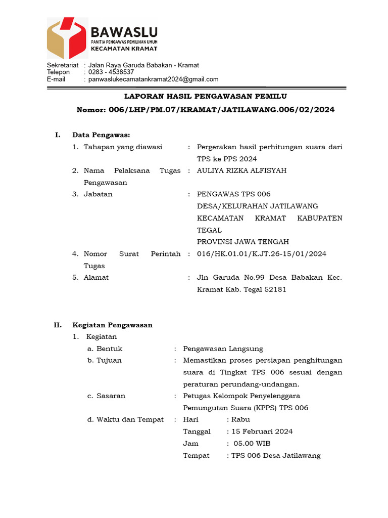 Laporan Hasil Pengawasan Pemilu - Pergerakan Hasil Penghitungan Suara Dari Tps Ke Pps Tps 006 | PDF