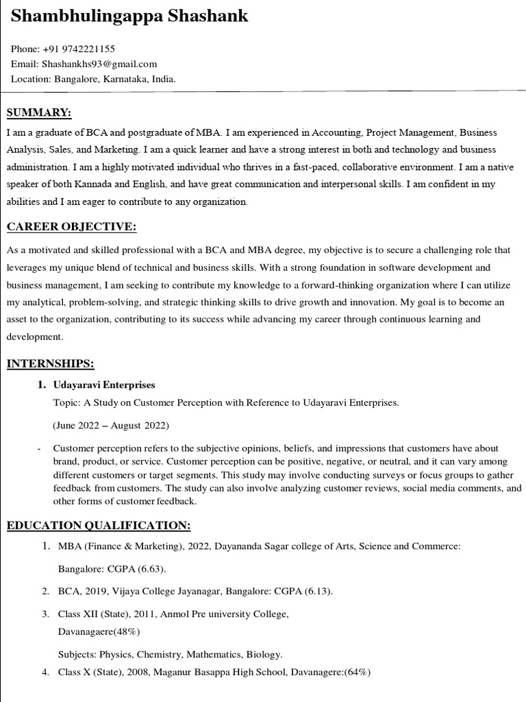 Shambhulingappa Shashank CV | PDF | Master Of Business Administration | Human Communication