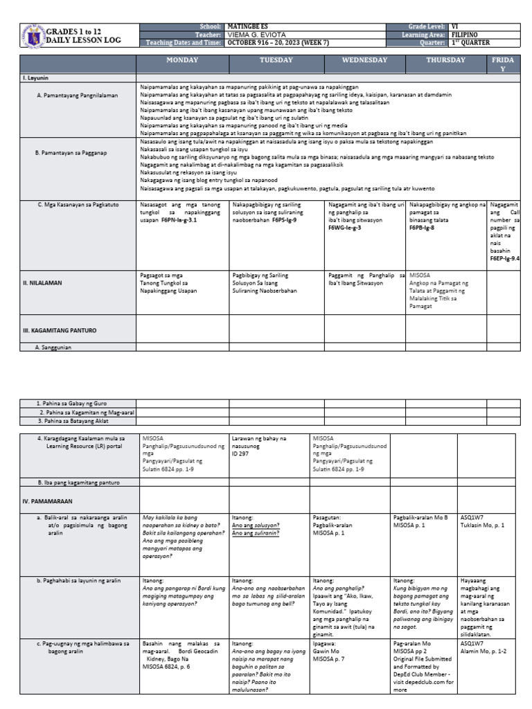DLL - Filipino 6 - Q1 - W7 | PDF