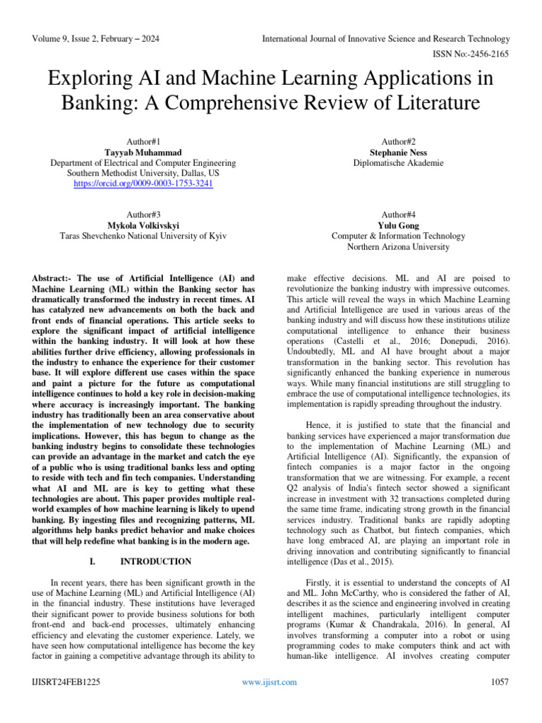 Exploring Ai And Machine Learning Applications In Banking A Comprehensive Review Of Literature