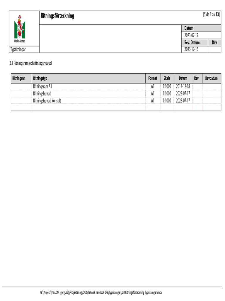 1.0 Ritningsförteckning Typritningar | PDF