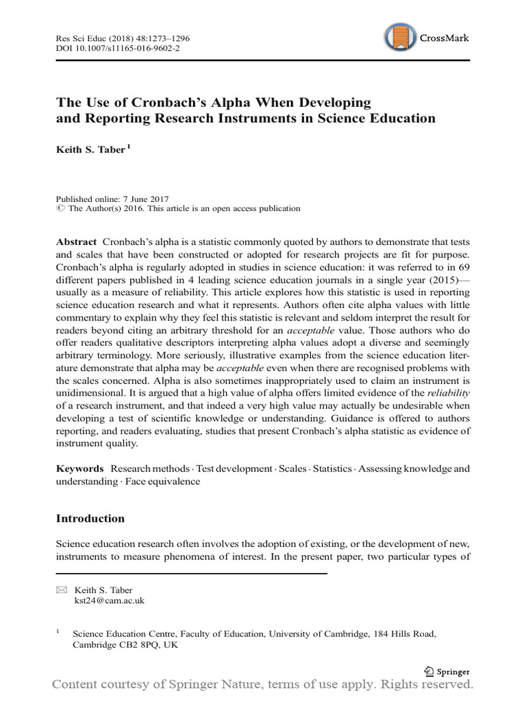 The Use of Cronbachs Alpha When Developing and Re | PDF | Cronbach's Alpha | Internal Consistency