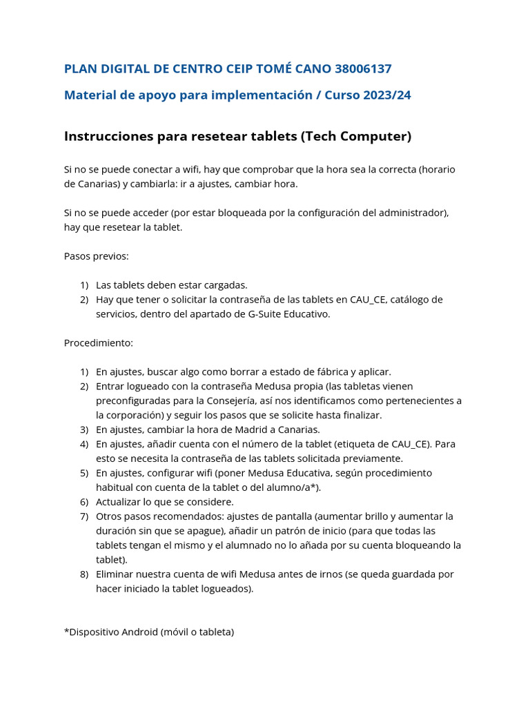 Instrucciones para Resetear Tablets CEIP | PDF