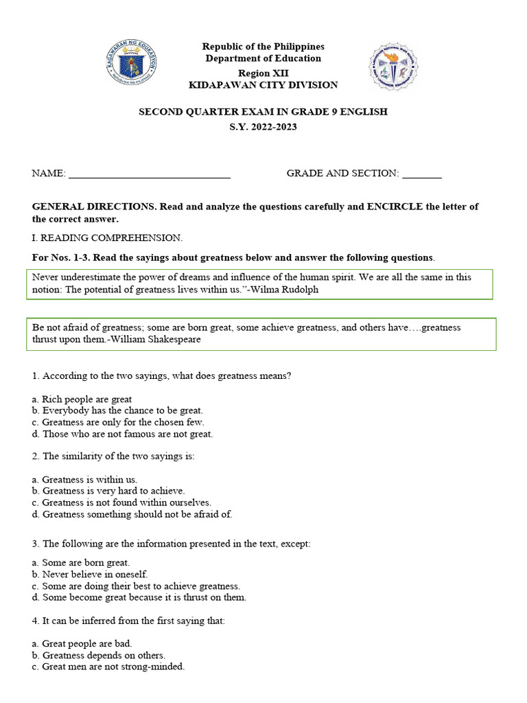 ENGLISH 9-Test-Questionaire-2nd-Quarter | PDF