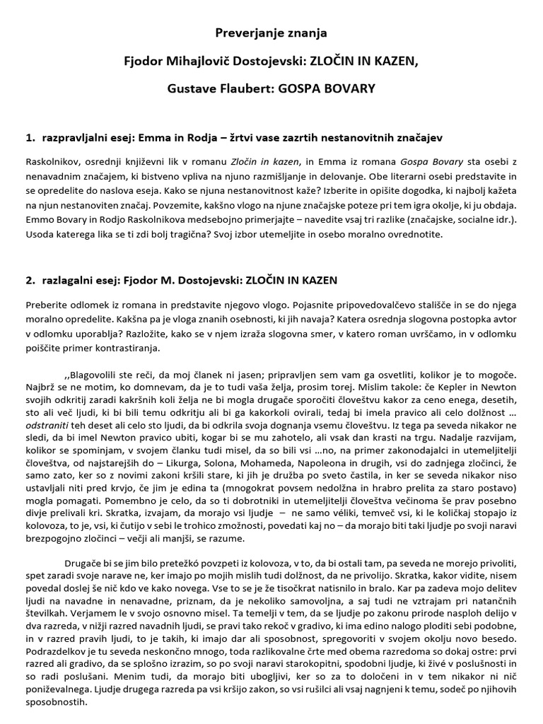 ESEJ Zločin in Kazen, Gospa Bovary - Preverjanje Znanja | PDF