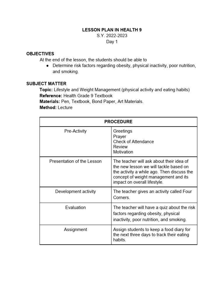 Plan | PDF | Lesson Plan | Obesity
