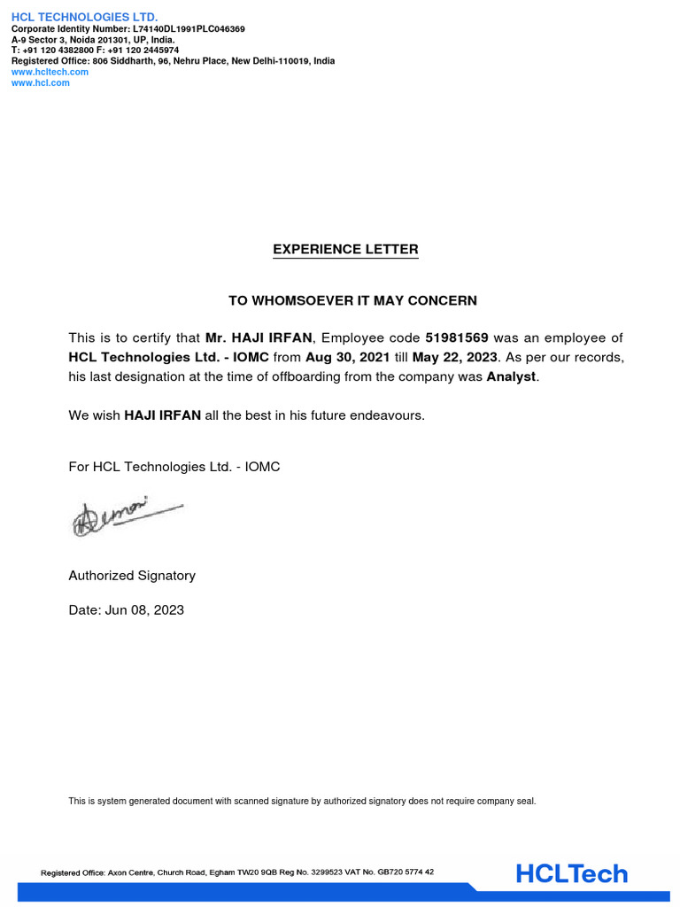 HCL Experience Letter for Haji Irfan | PDF | Business