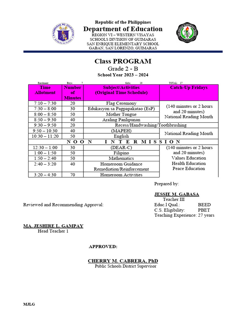 CLASS-PROGRAM Grade-2B-2023-2024 | PDF | Schools
